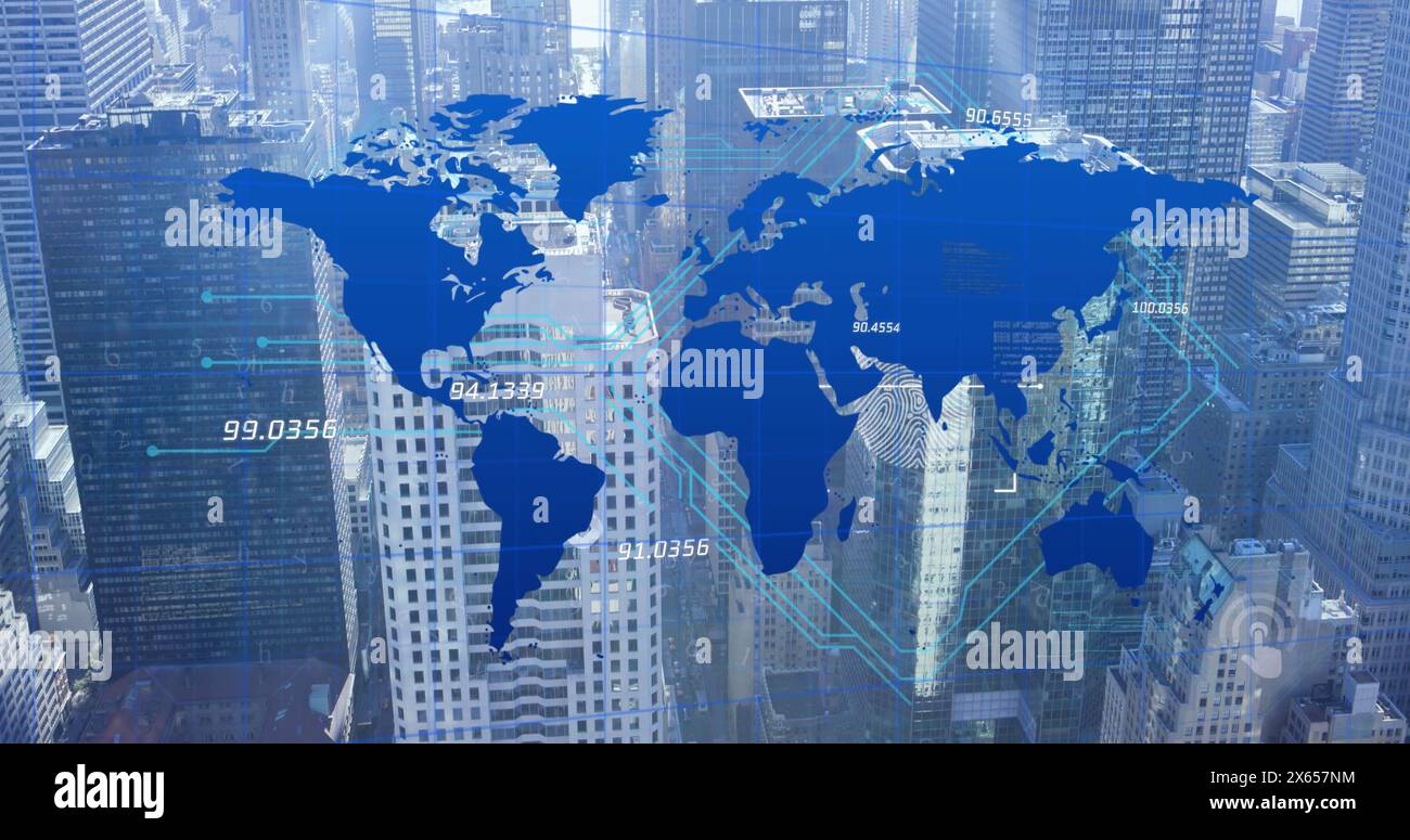 Image of data processing and world map over cityscape Stock Photo - Alamy