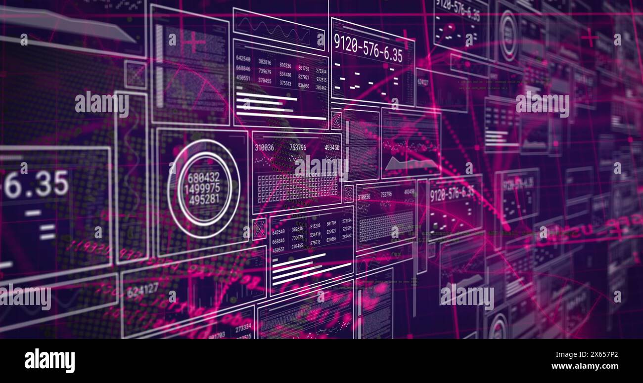 Image of digital interface screens with charts, graphs and data over abstract background Stock ...