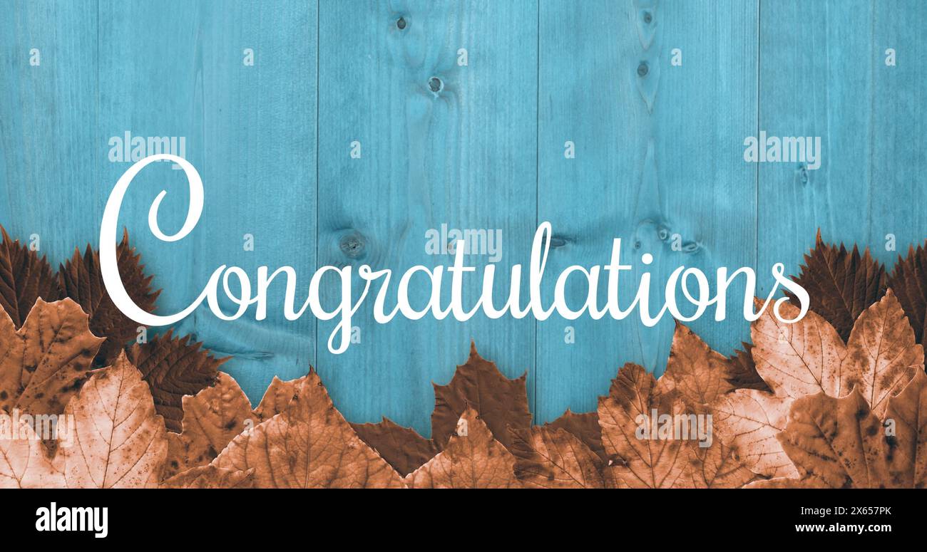 Brown leaves on blue wood with Congratulations written Stock Photo - Alamy