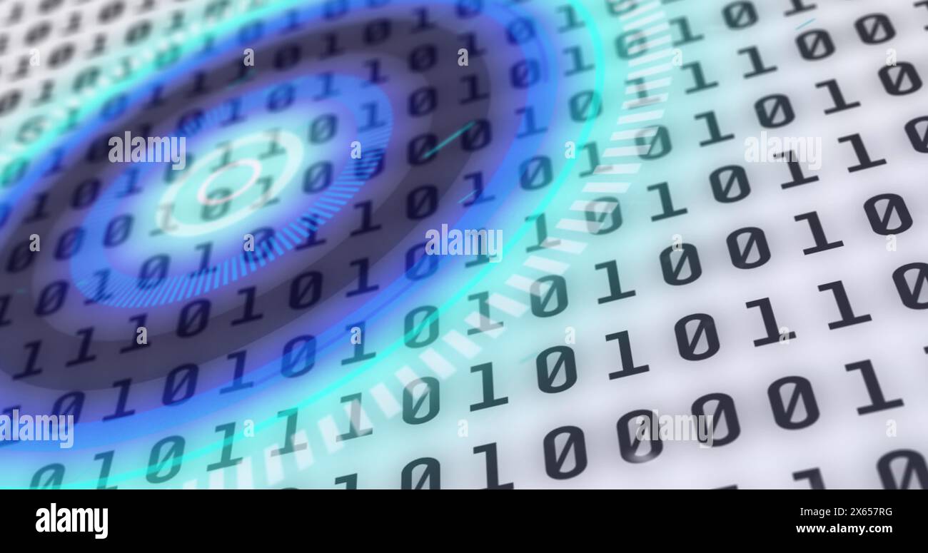 Image of blue circular scanner and binary data processing on white ...