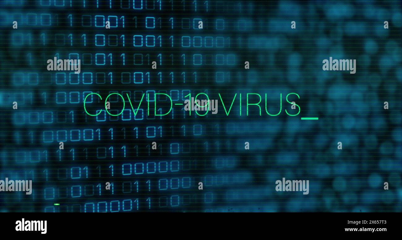 Image of covid 19 virus text in green and interference over binary data processing Stock Photo ...