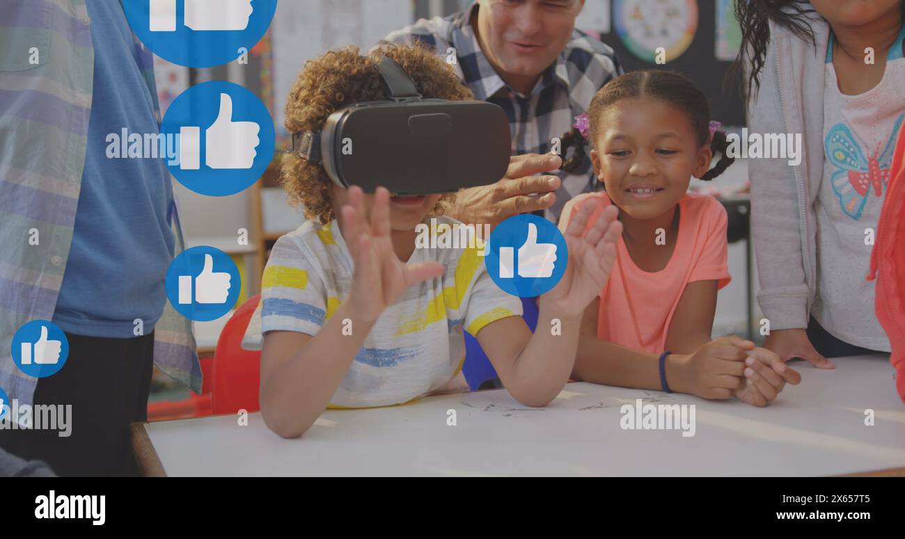 Image of social media like icons over diverse school children using vr ...