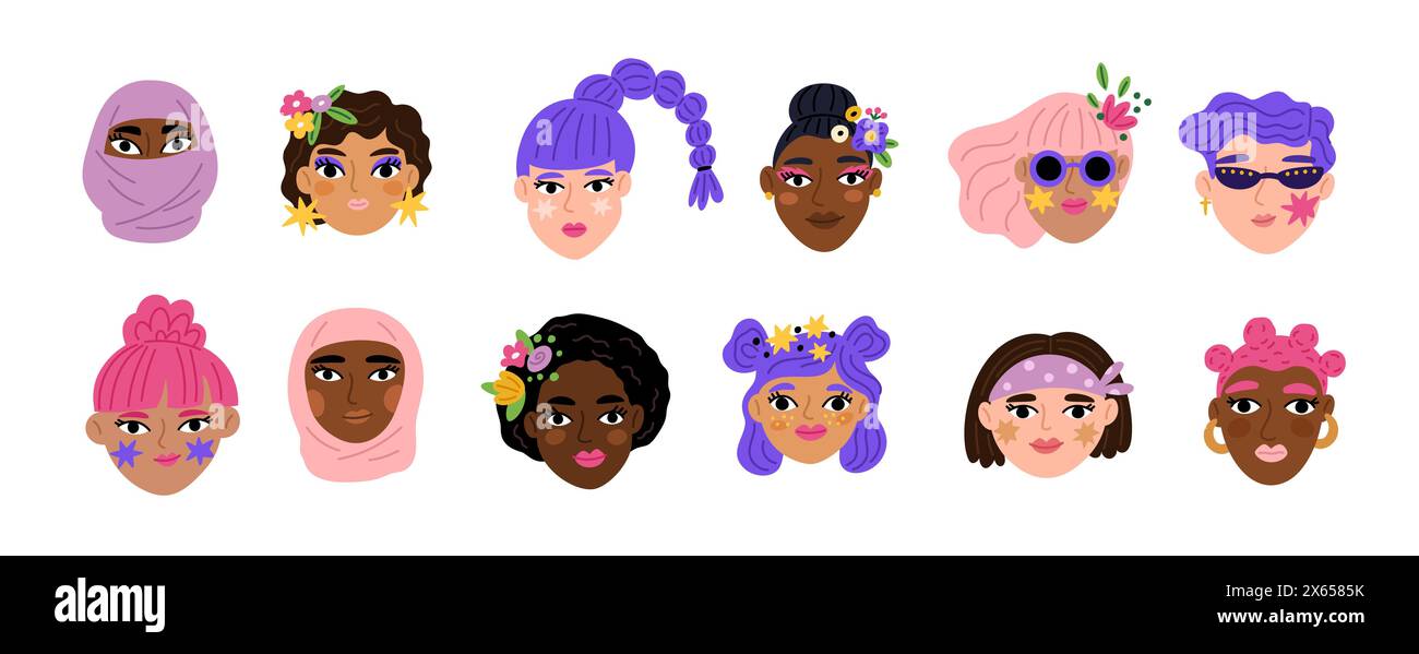 Abstract contemporary portraits. Funny people faces. Comic women heads ...