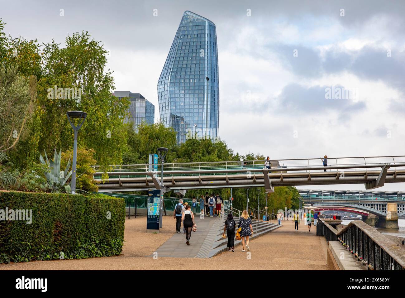 London South Bank with Millennium bridge across River Thames and Number ...