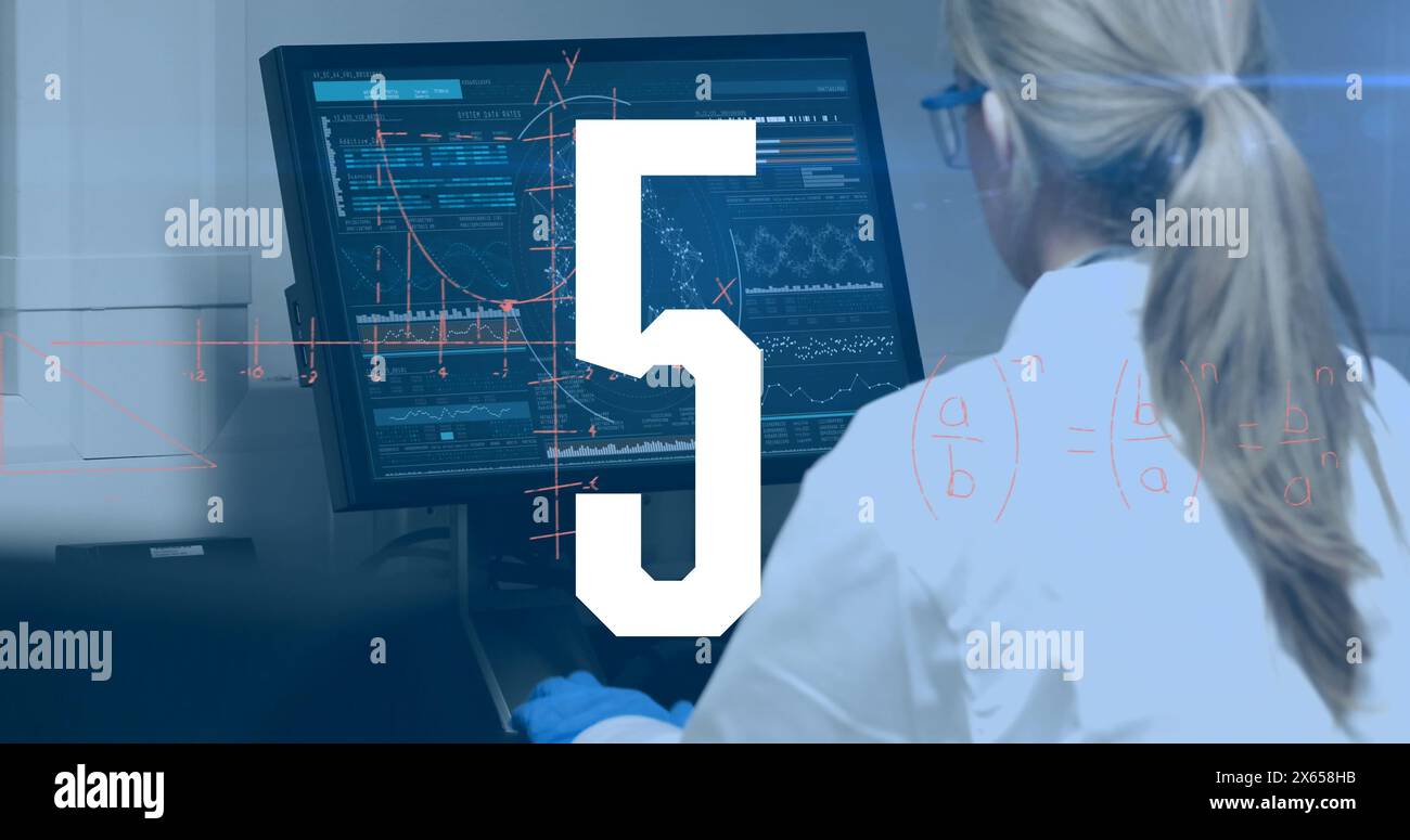 Image of countdown and mathematical equations over caucasian female ...