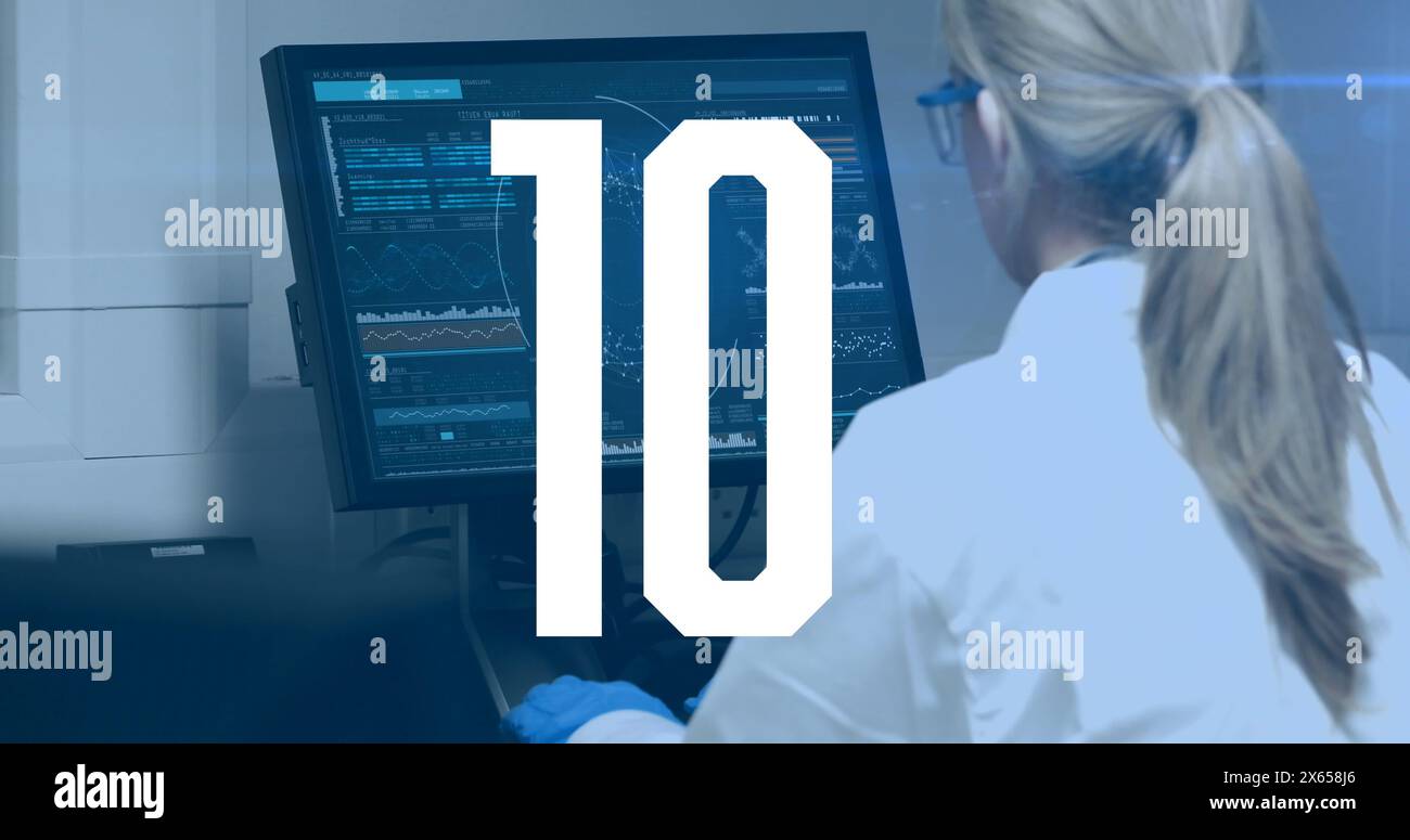 Image of countdown and mathematical equations over caucasian female ...