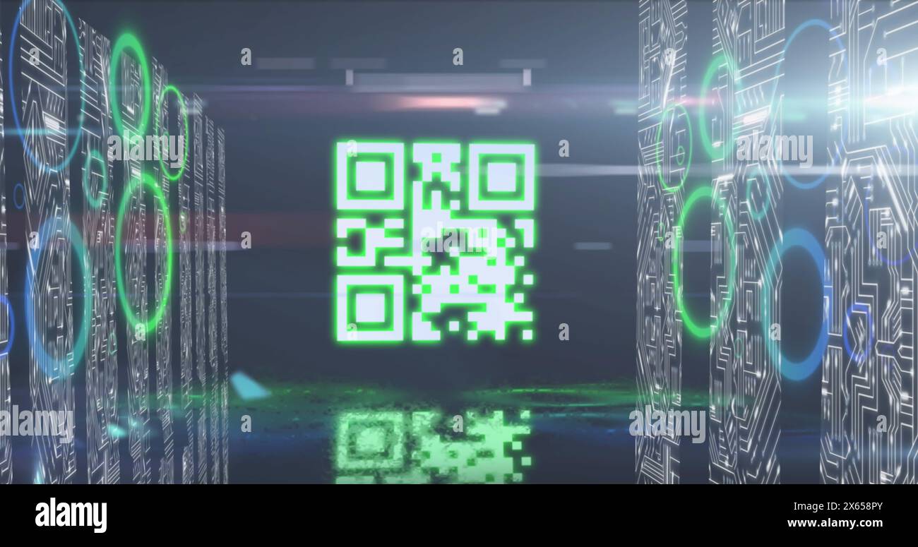 Image of gr code, neon circles, light and data processing Stock Photo ...