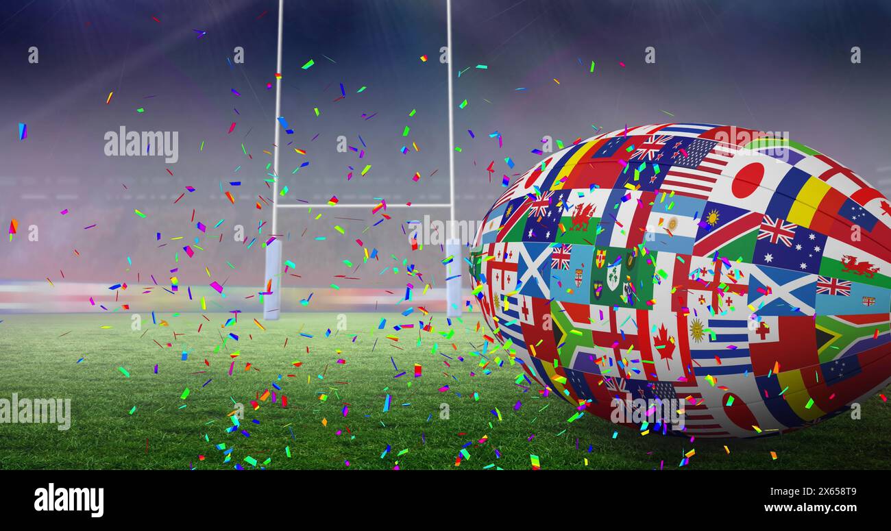 Image of rugby ball with national flags over stadium Stock Photo - Alamy