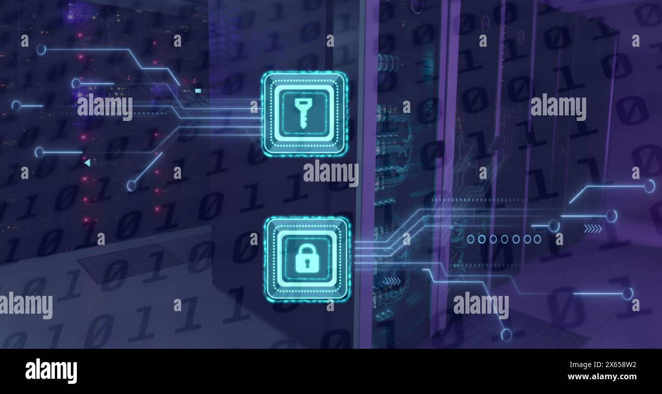 Image of online security padlock and key, binary coding over computer ...