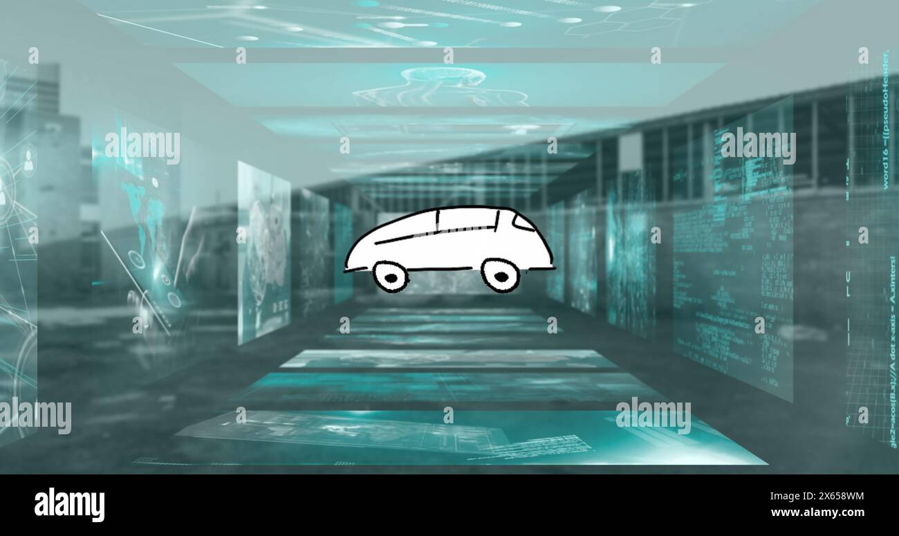 Image of car icon over screens with medical data processing against ...