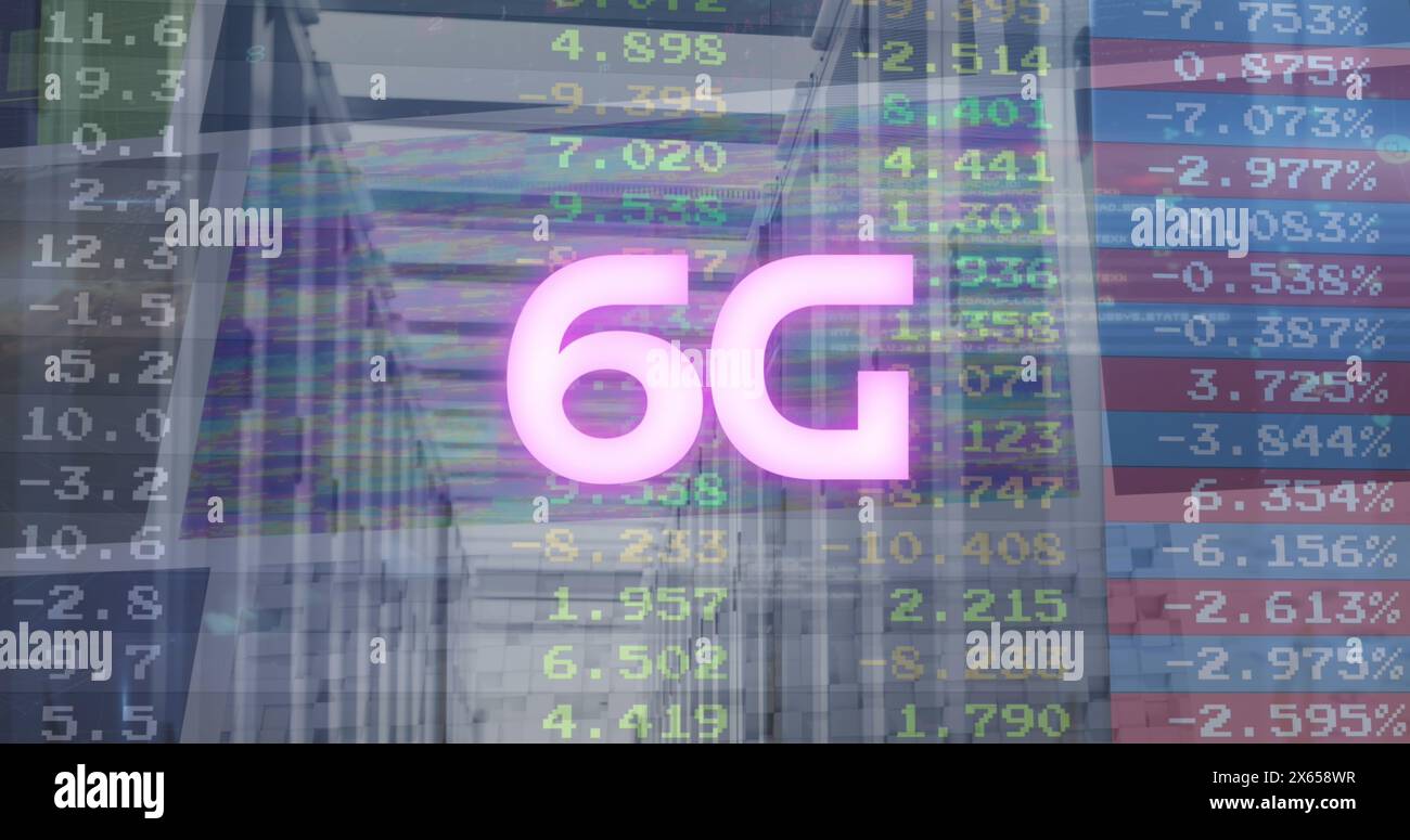 Image Of 6g Text Banner Over Stock Market Data Processing Against Computer Server Room Stock