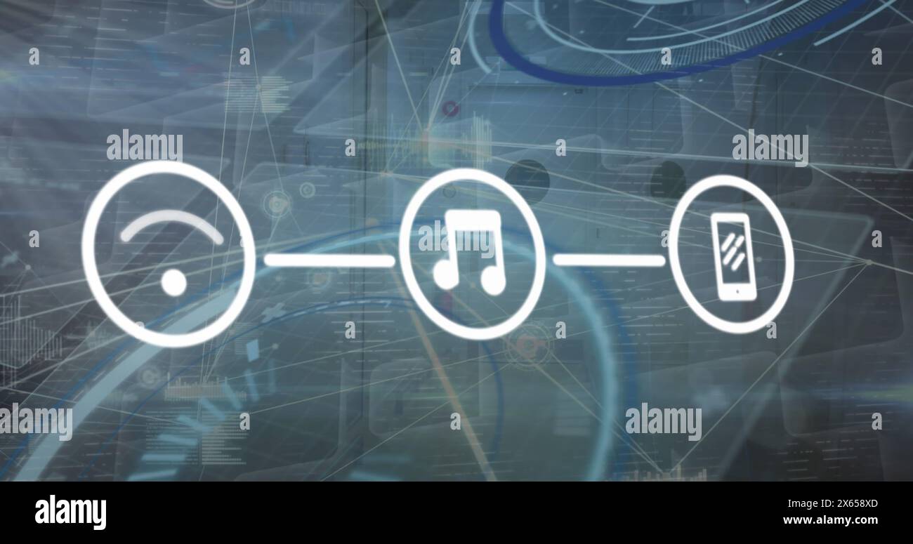 Image of data processing over media icons Stock Photo - Alamy