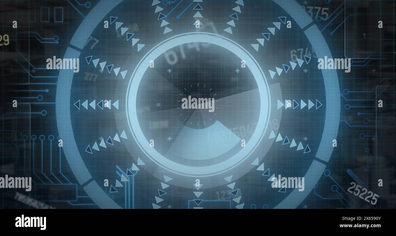 Image of round scanner and multiple changing numbers against ...