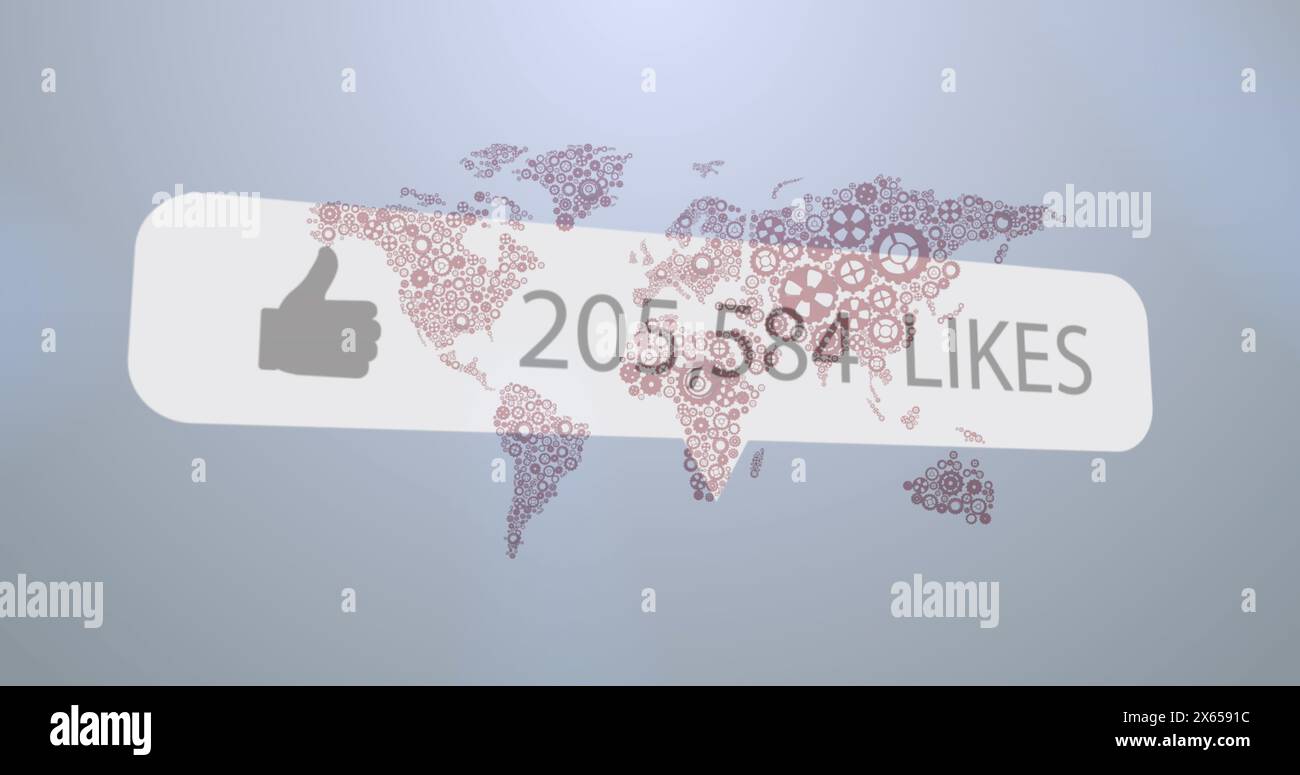 Image of like icon with increasing numbers over world map against grey ...