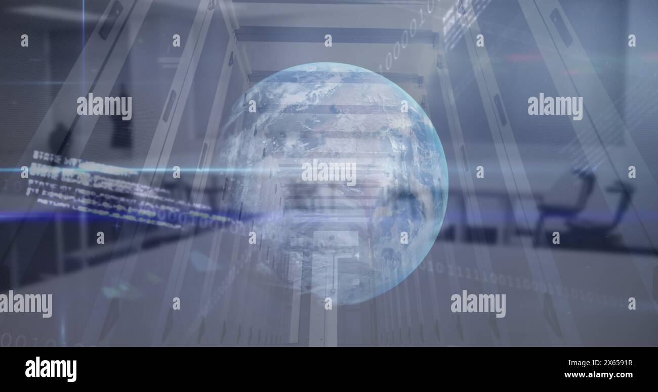 Image of financial and stock market data processing over globe against computer server room ...