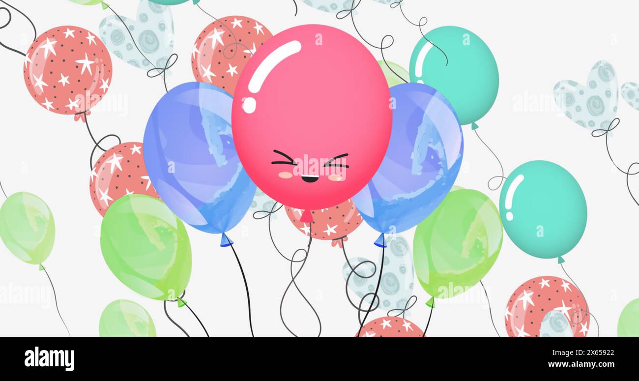 Image of emoji and stars on multicolored balloons moving on white ...