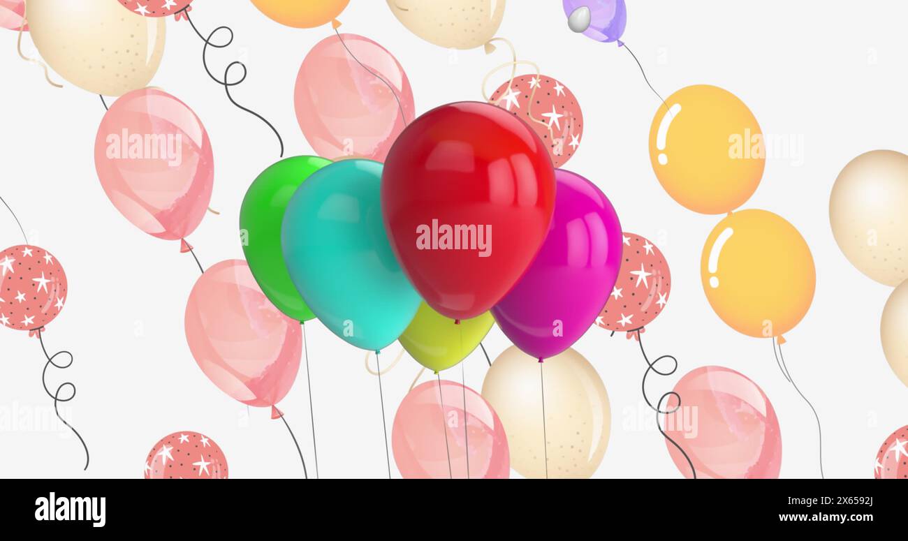 Images of multicolored balloons moving against white background Stock ...