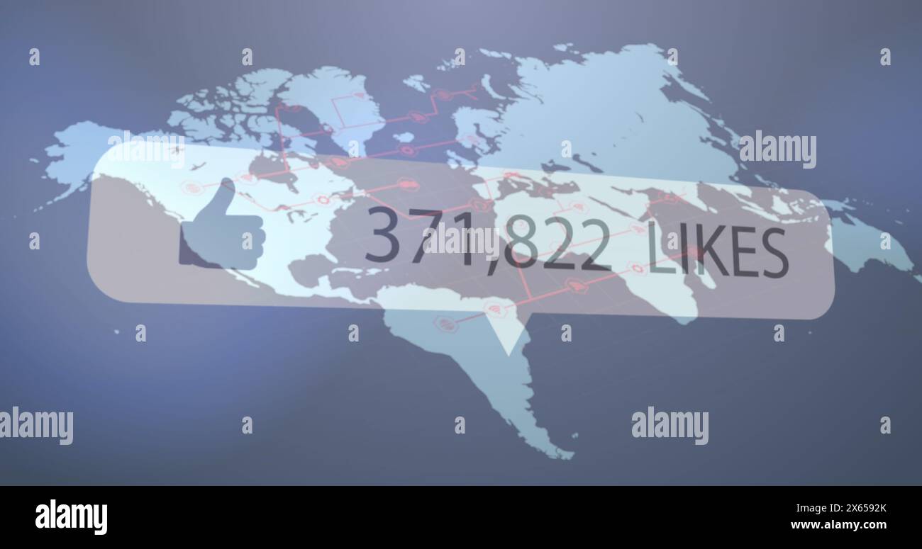 Image of like icon with increasing numbers over world map against grey ...