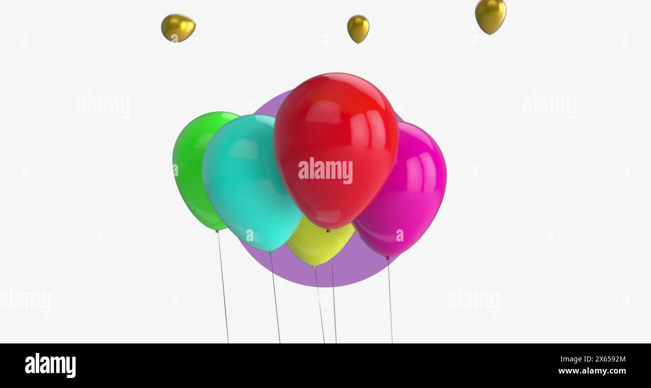 Image of multicolored balloons over moving golden balloons and purple ...