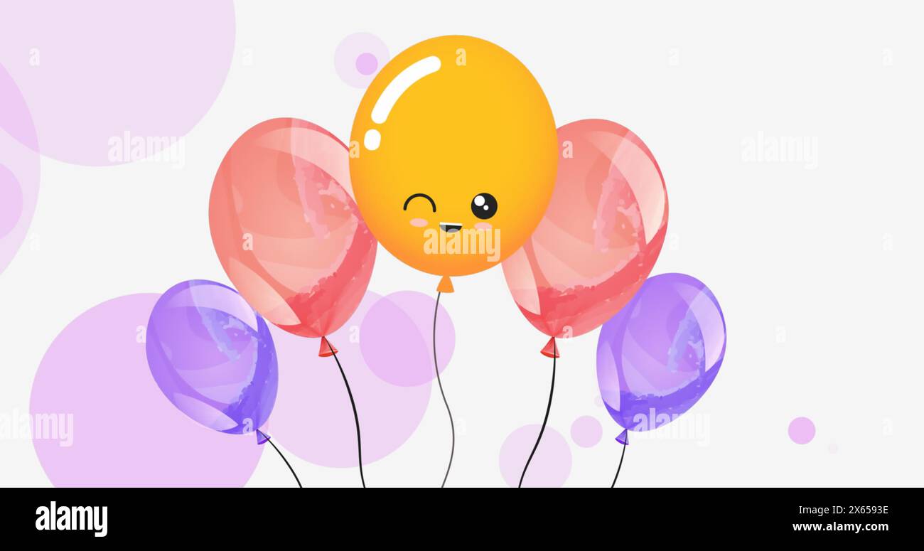 Image of multicolored balloons over circles moving on white background ...