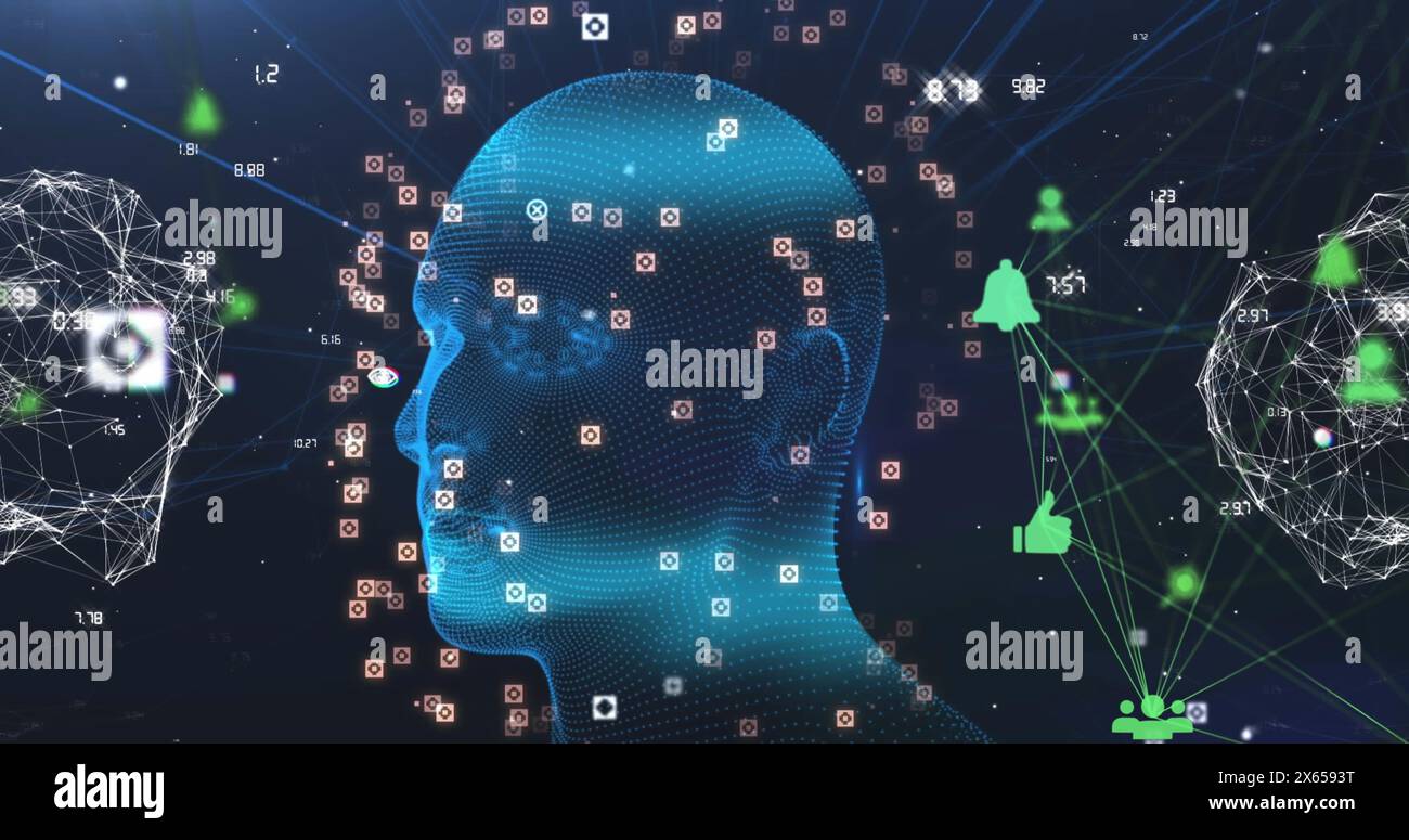 Image Of Illuminating Human Face With Connected Icons And Dots Over Abstract Background Stock