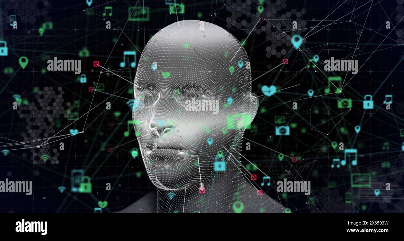 Image of human face rotating and connected icons forming globe over ...