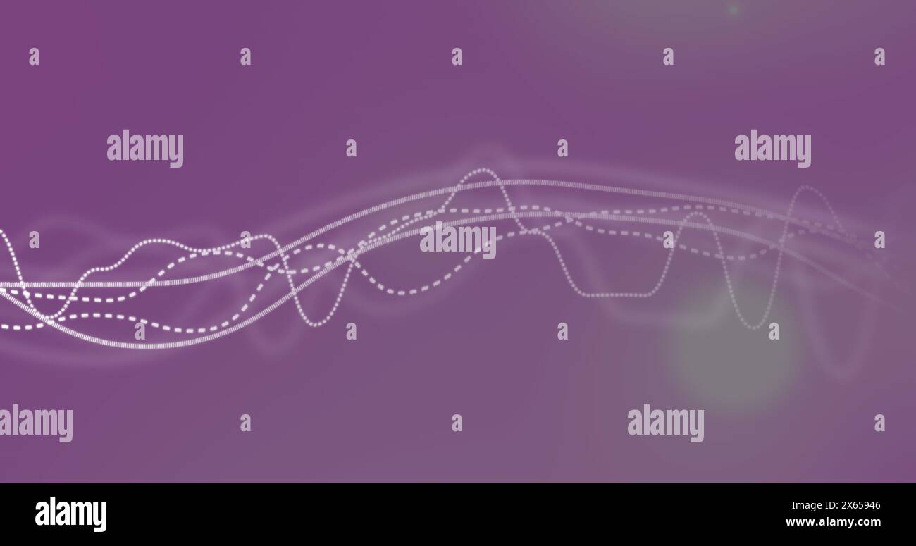 Image of digital waves moving against green spots of light on purple ...