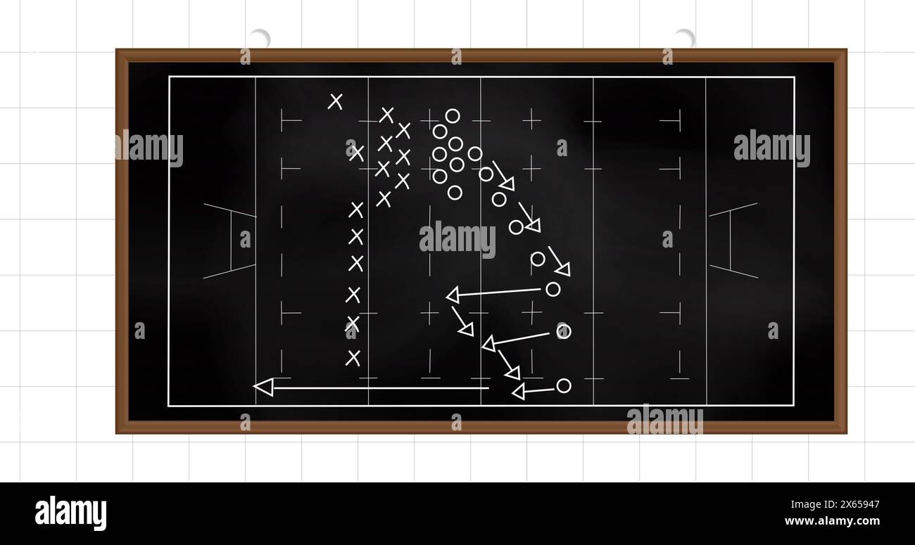 Image of football game strategy on black chalkboard against squared ...