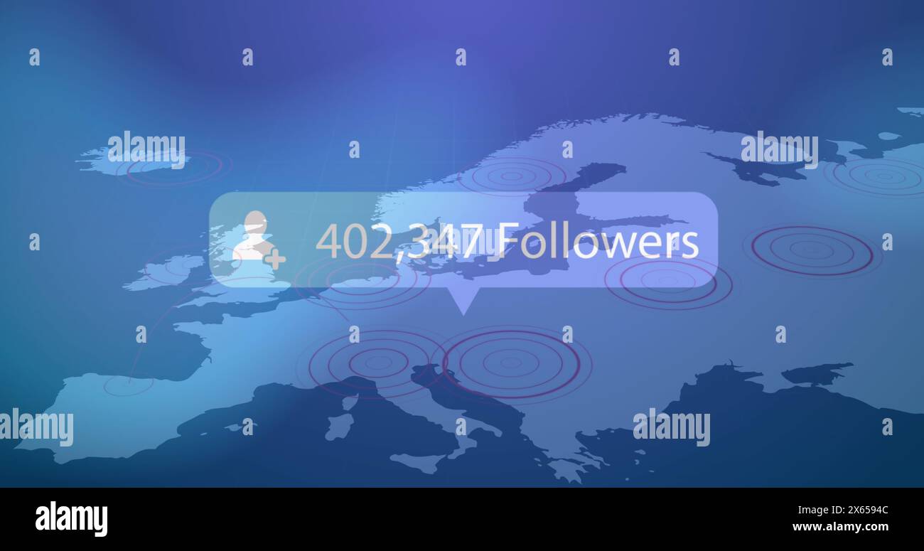 Image of profile icon with increasing followers over world map against ...