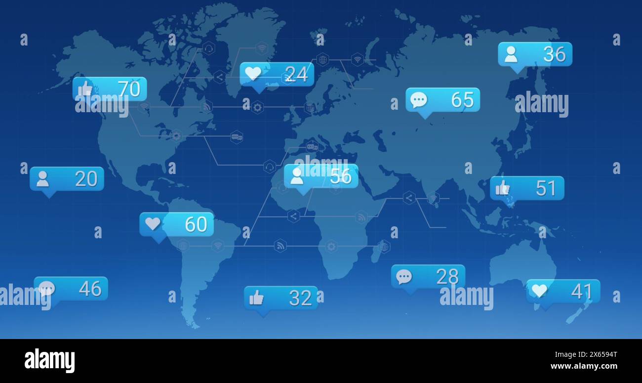 Image of multiple social media icons with increasing numbers over world ...