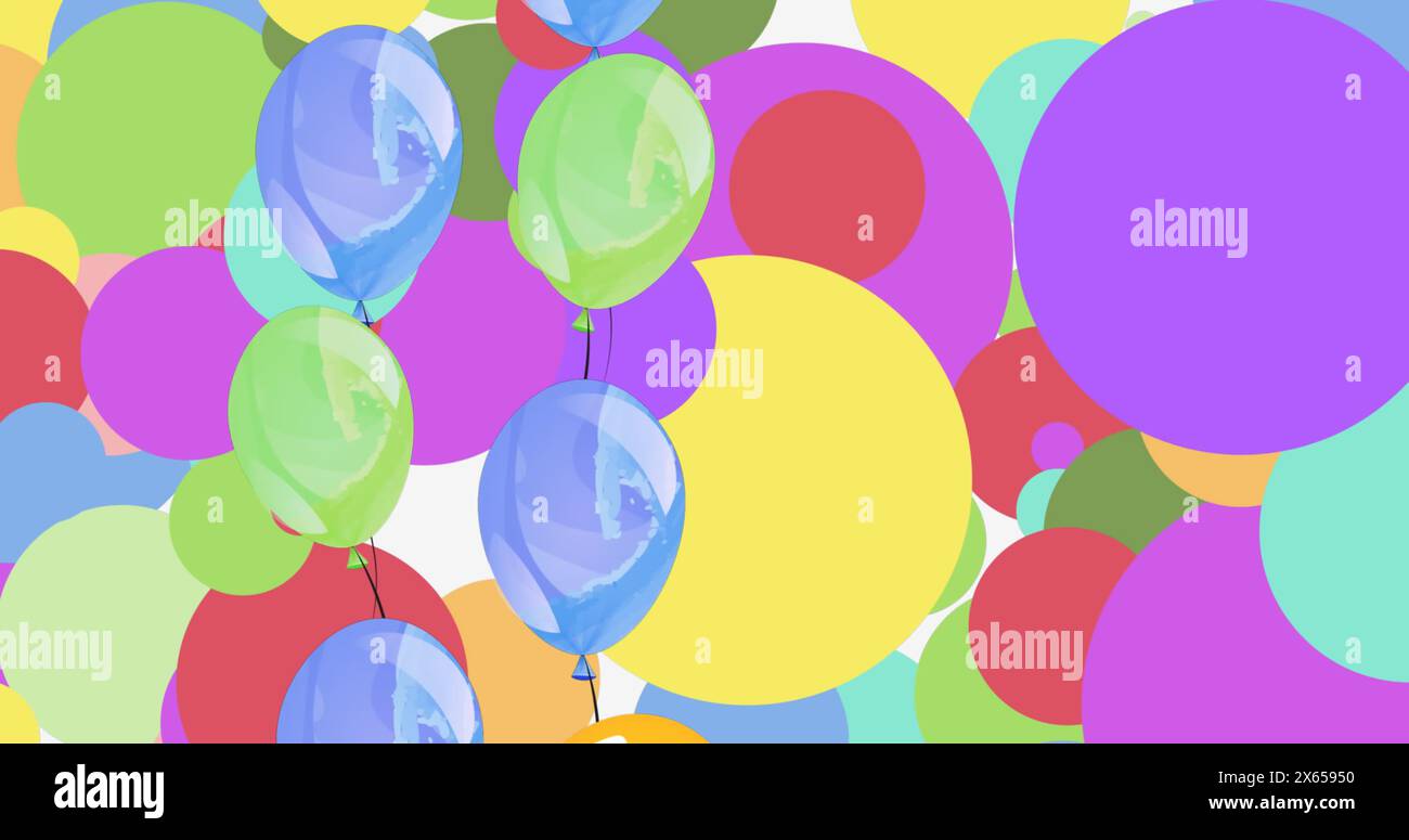 Image of emoticons over moving balloons over multicolored circles Stock ...