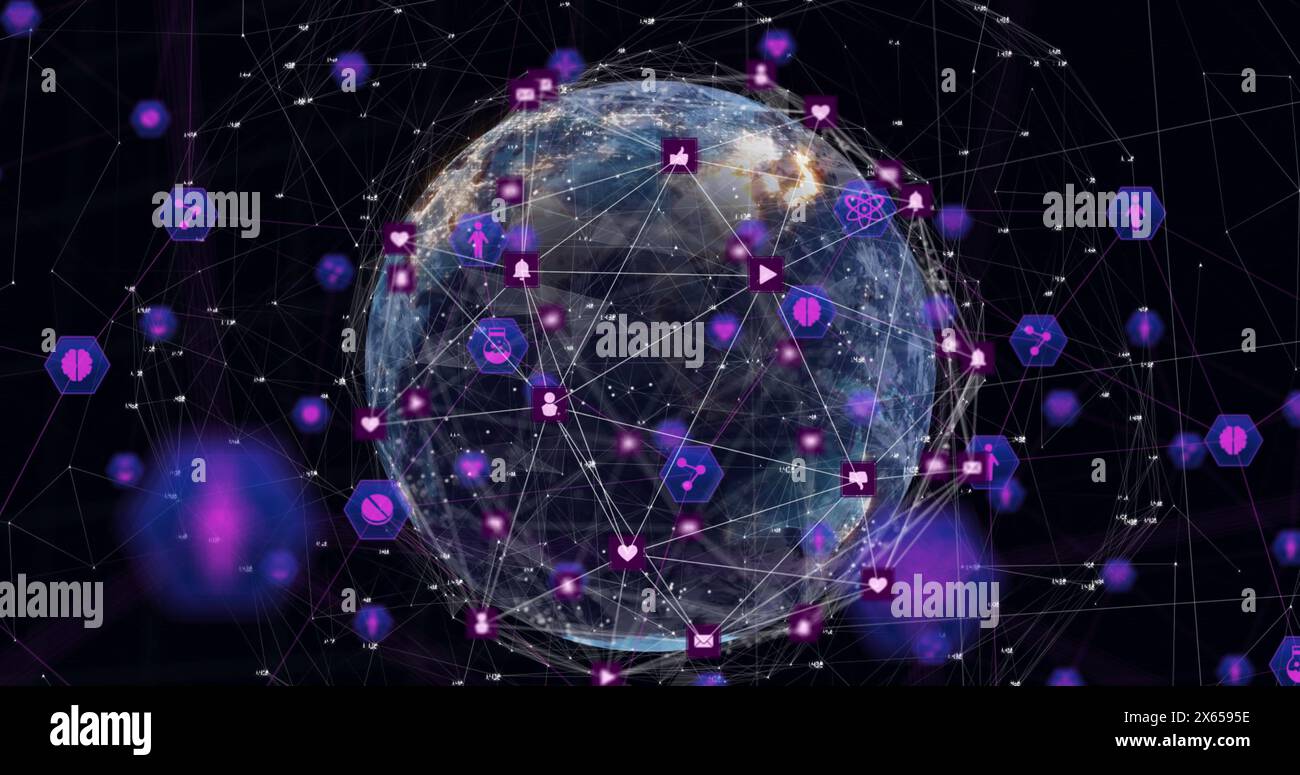 Animation icons around globe connected hi-res stock photography and images - Alamy