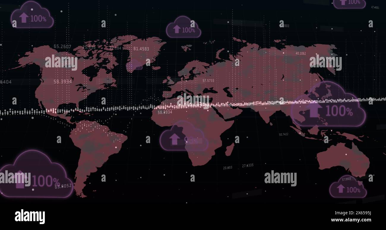 Image of multiple cloud icons with increasing percentage over world map ...