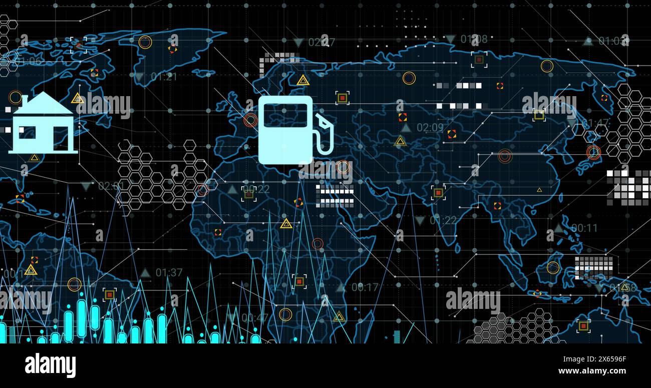 Image of digital icons over data processing and world map against black background Stock Photo ...