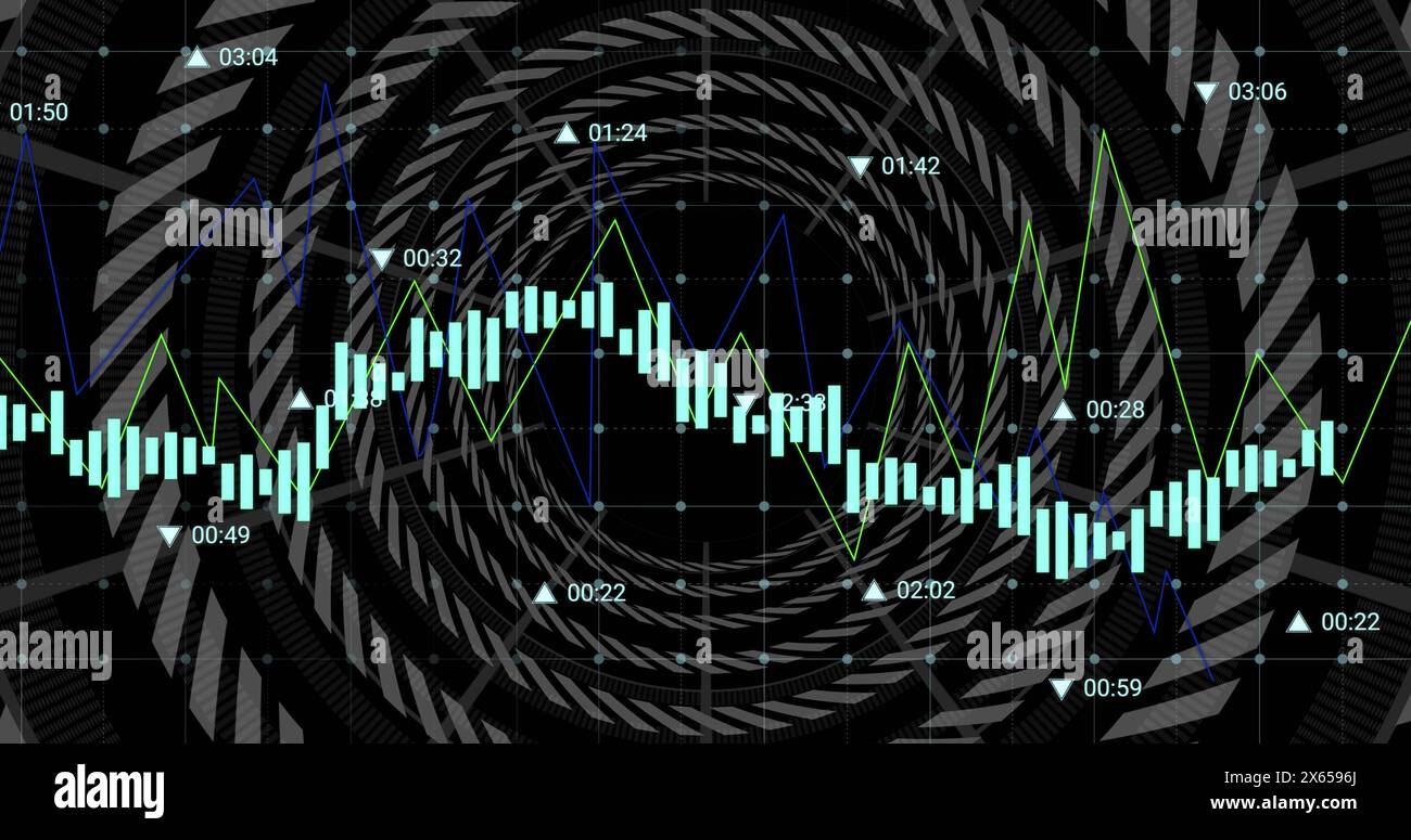 Image of data processing over over grid network against concentric circles on black background ...