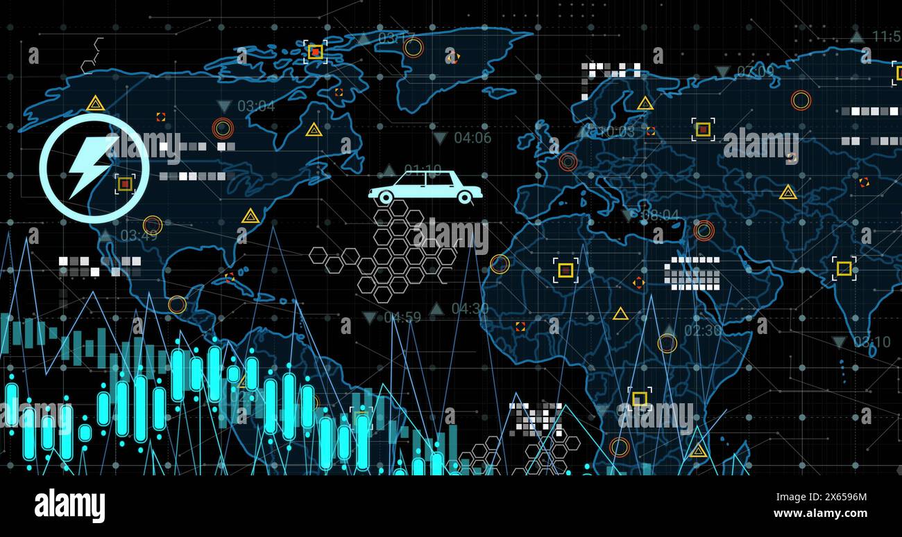 Image of digital icons over data processing and world map against black background Stock Photo ...