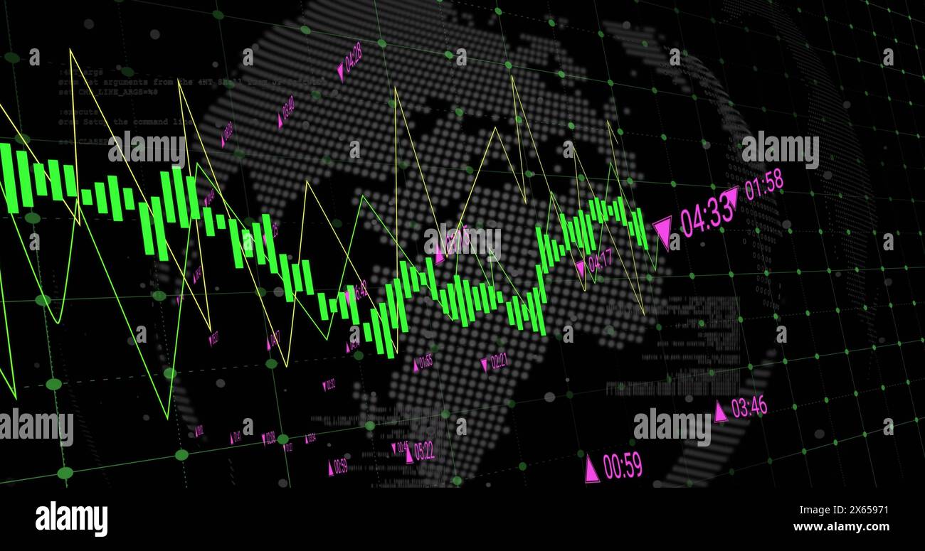 Image of data processing over spinning globe against black background ...