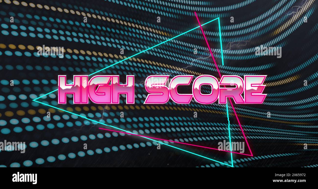 Image of high score text over triangles against dots moving in wave ... Image of high score text over triangles against dots moving in wave ...