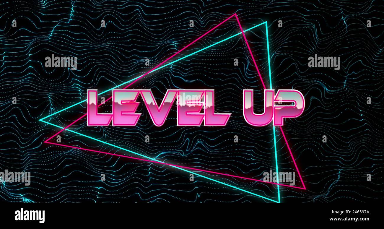 Image of level up text on triangles over wave pattern against black ...