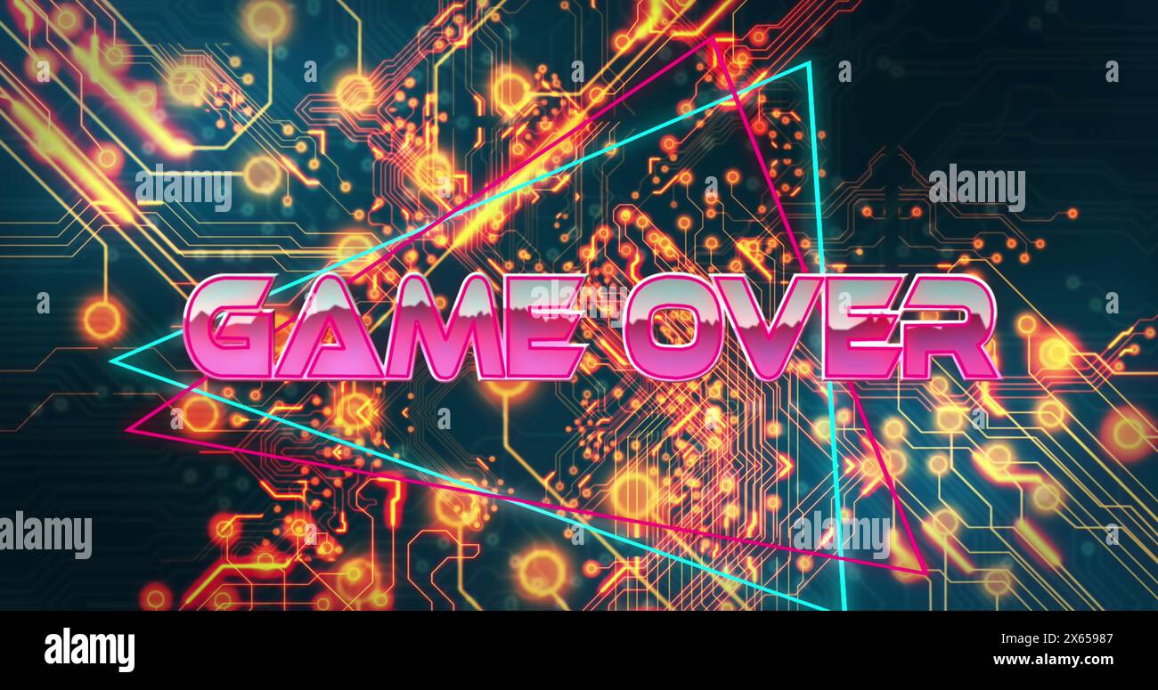 Image of game over text on triangles, illuminated circuit board pattern ...
