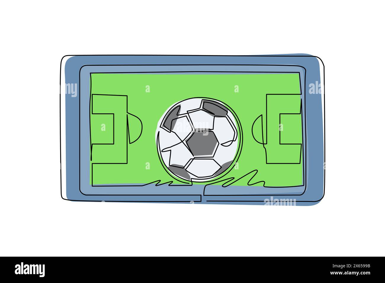 Single one line drawing football field and soccer ball in smartphone ...