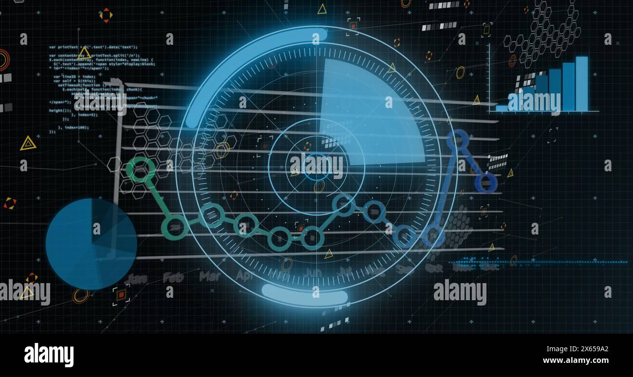Image of round scanner and statistical data processing against black ... Image of round scanner and statistical data processing against black ...