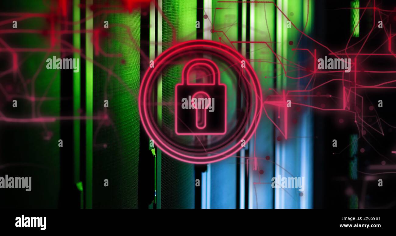 Image of security padlock icon and pink light trails against computer server room Stock Photo ...