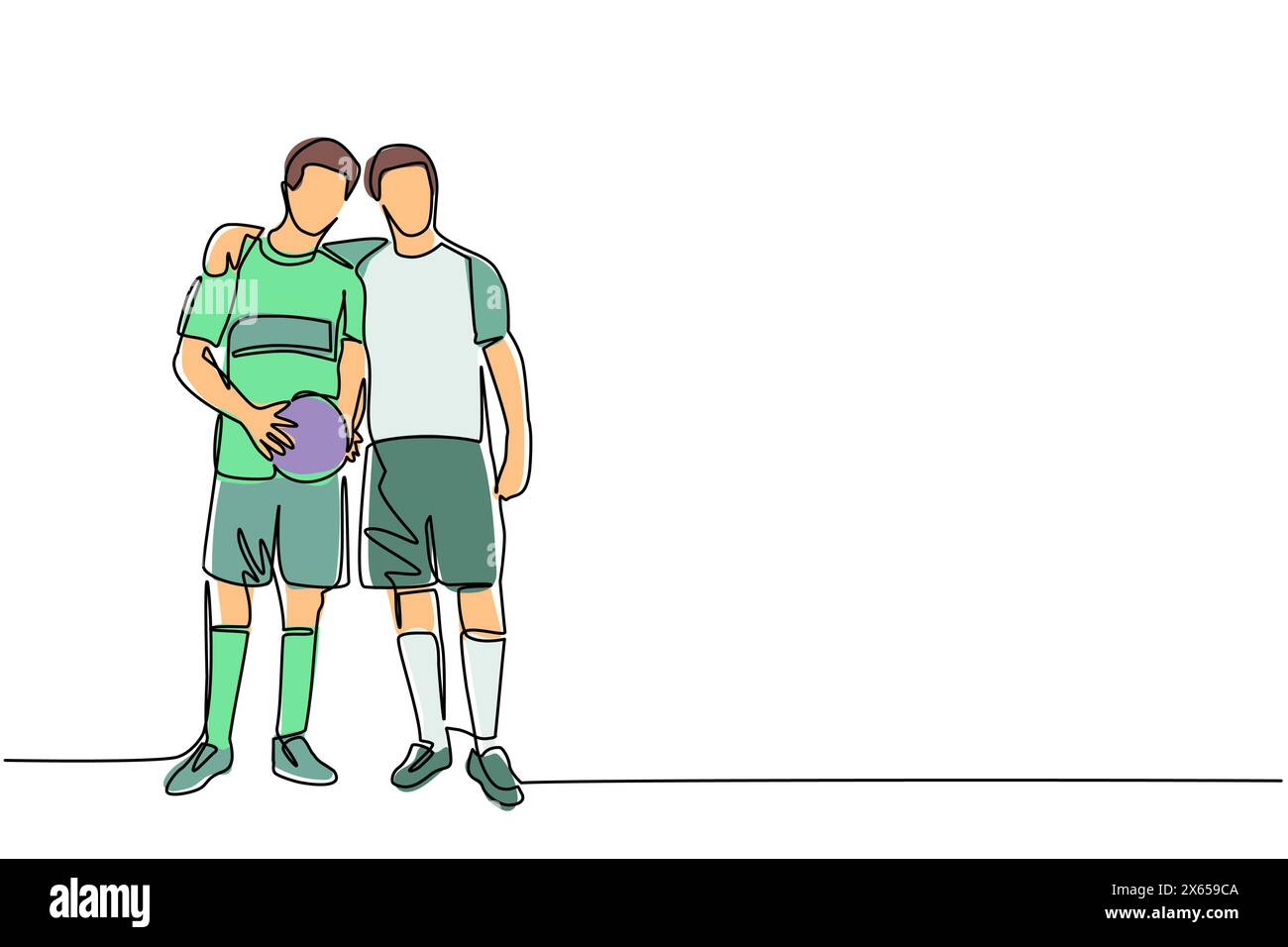 Continuous one line drawing two soccer players embrace each other. Two ...