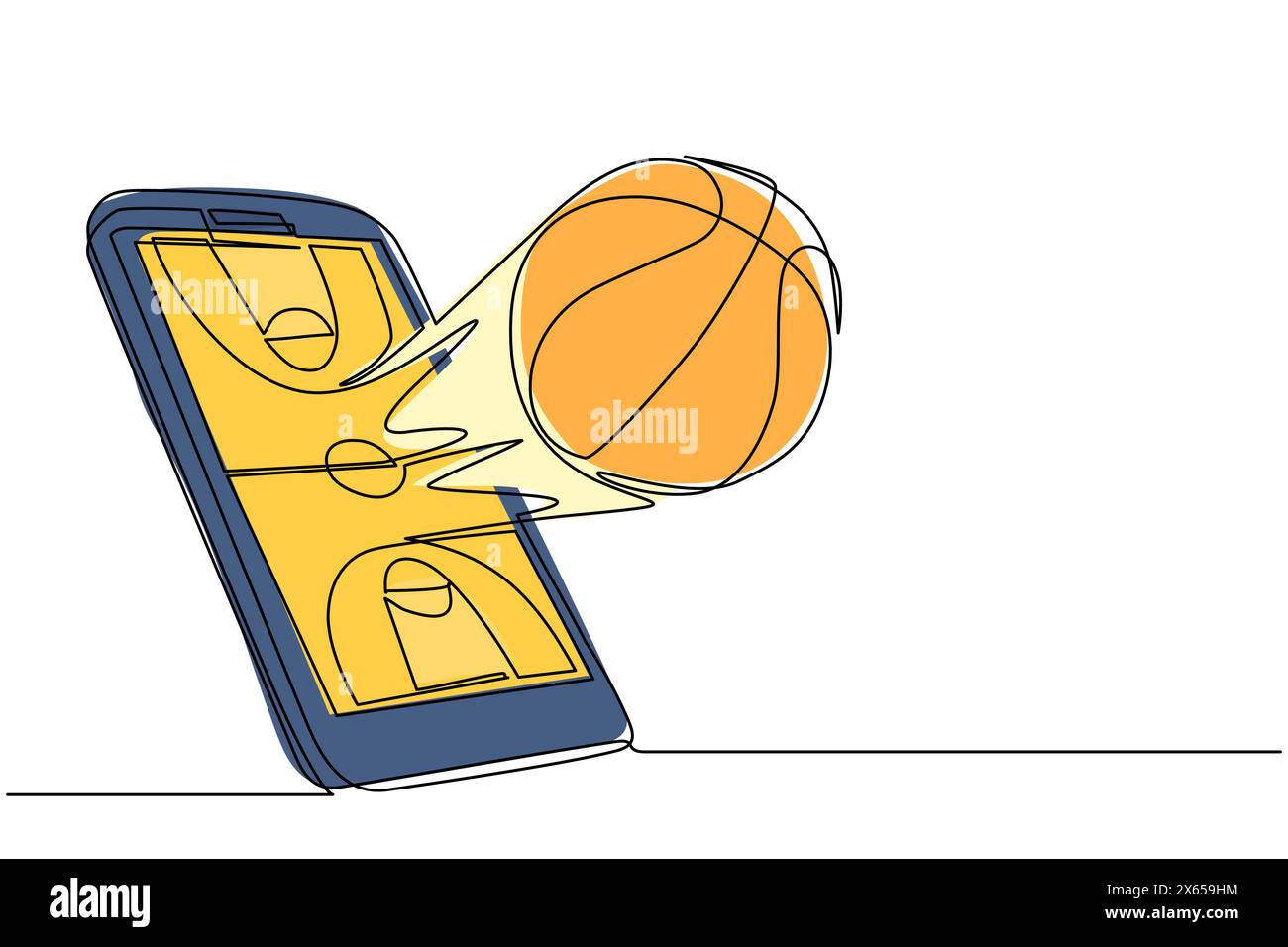 Continuous one line drawing smartphone with app basketball court and ...