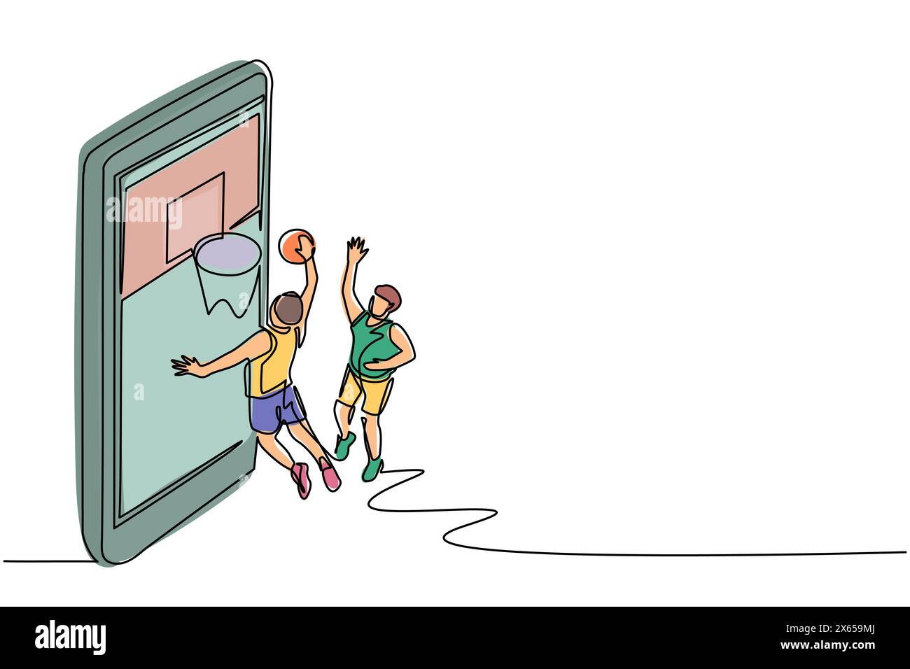 Single one line drawing two basketball players in action during game ...