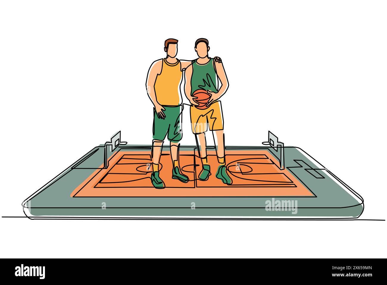 Single one line drawing two basketball players embrace each other on ...