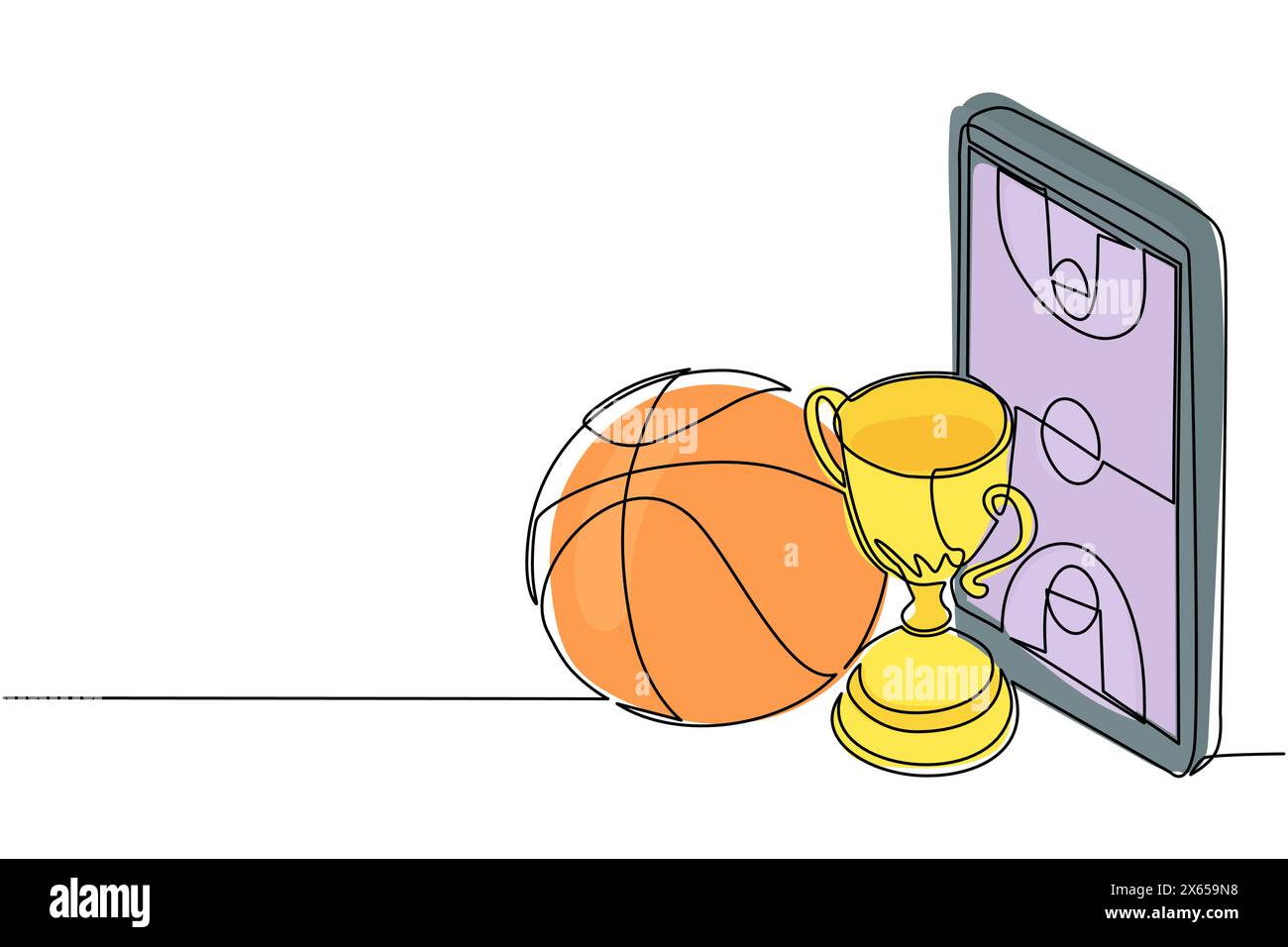 Single continuous line drawing basketball court on screen smartphone ...