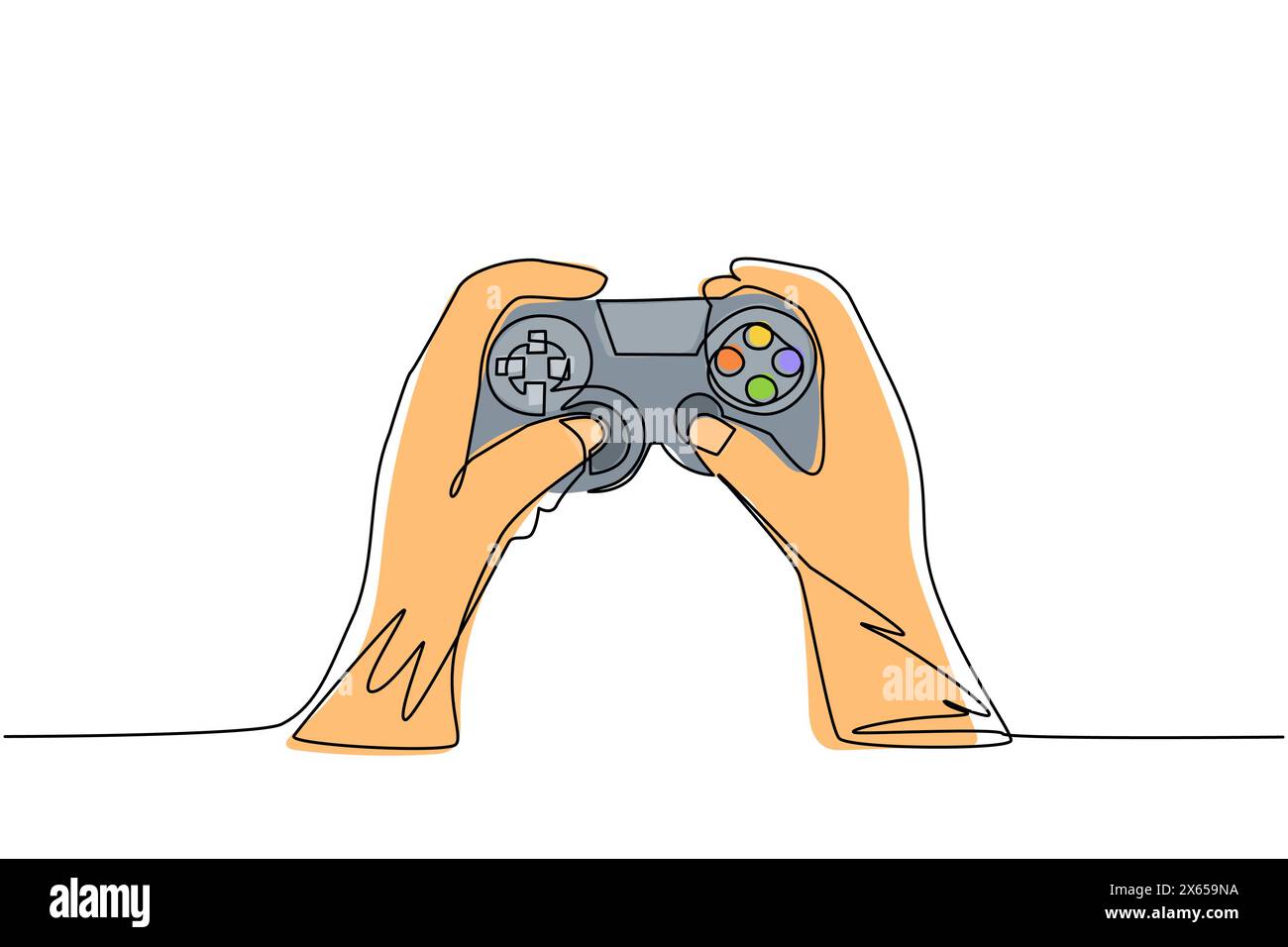 Single continuous line drawing young man hands holding video game ...