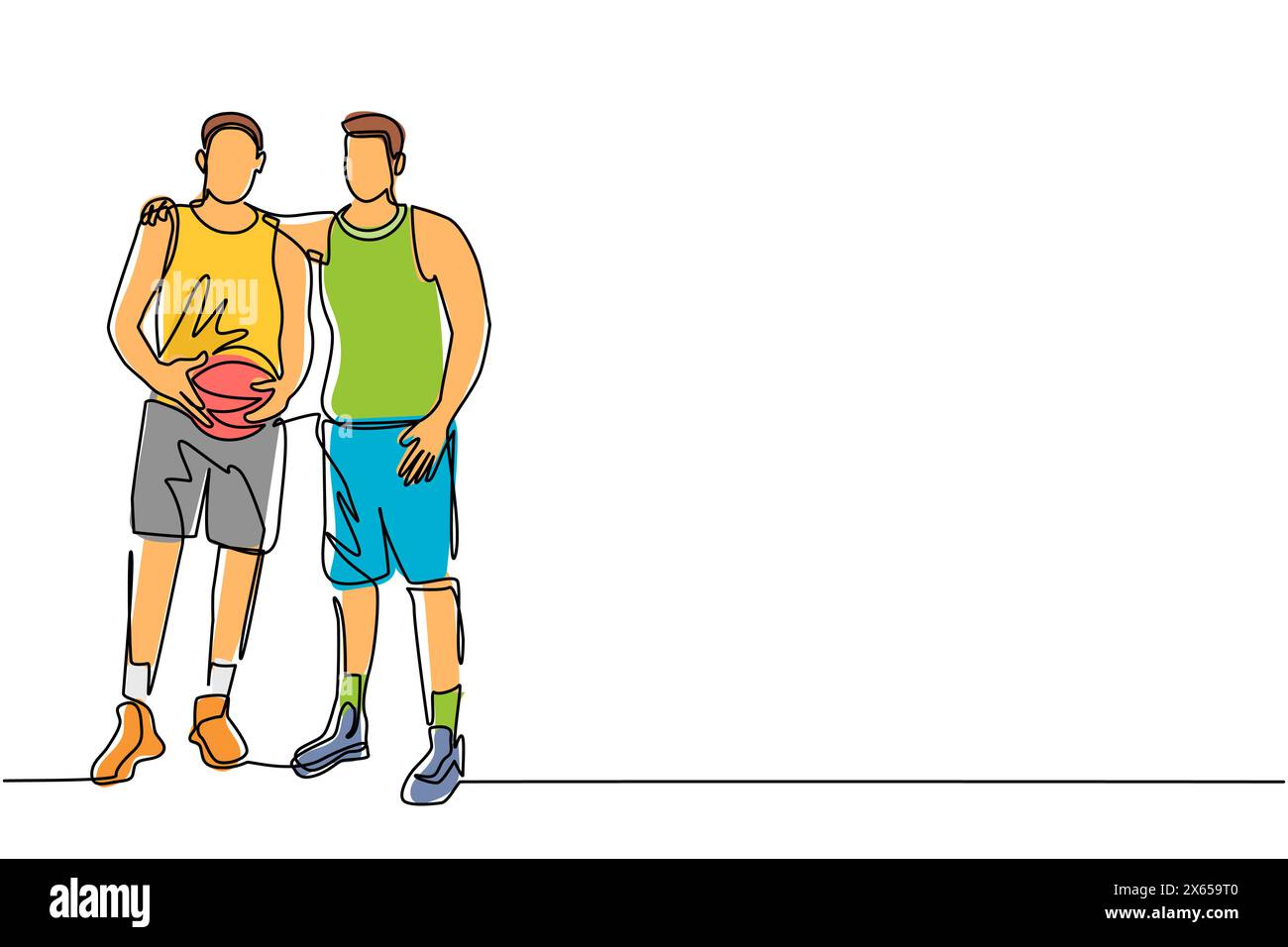 Continuous one line drawing two basketball players embrace each other ...